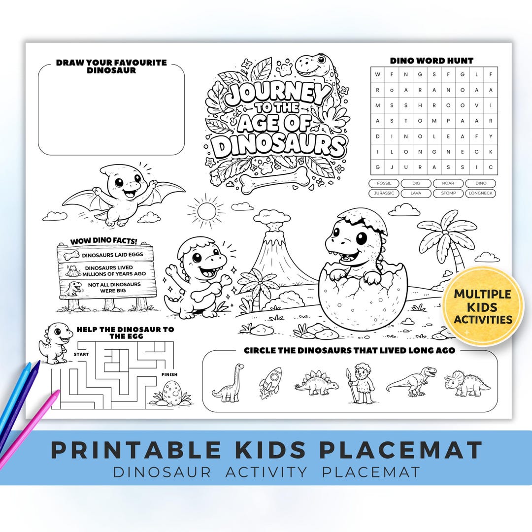 Dinosaur Activity Placemat Printable for Kids, Dino Coloring Page, Word ...