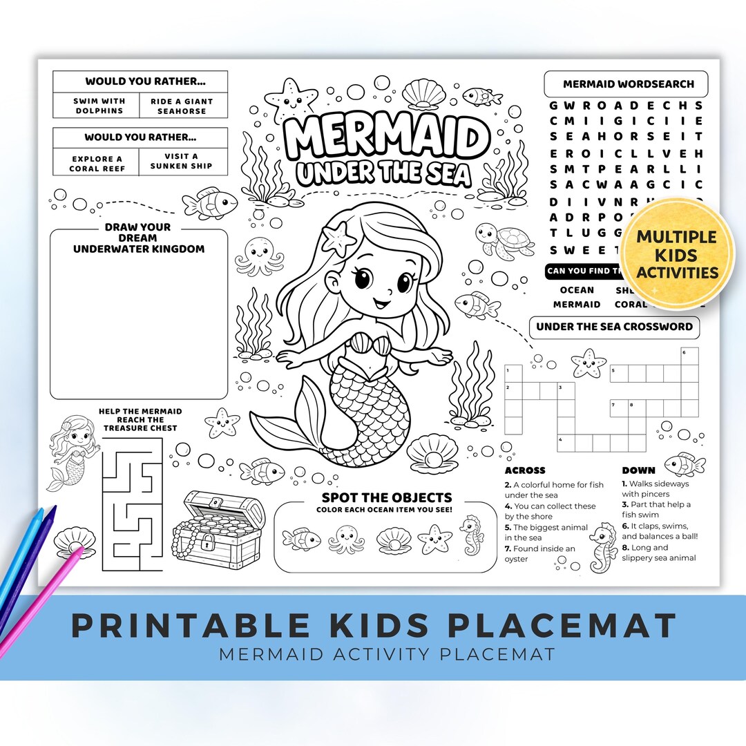 Mermaid Activity Placemat, Kids Coloring Page, Under the Sea Party ...