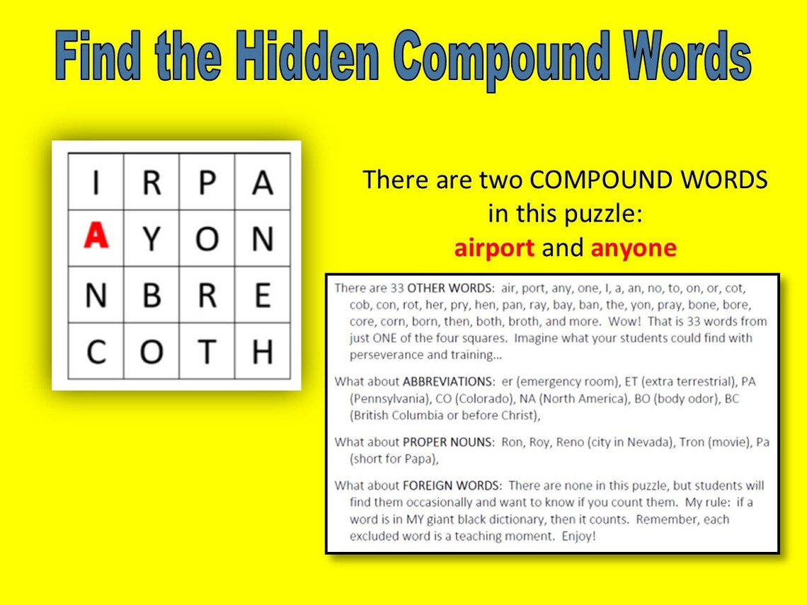 Word Puzzles Hidden Compound Words, Boggle, Word Search, Instant ...