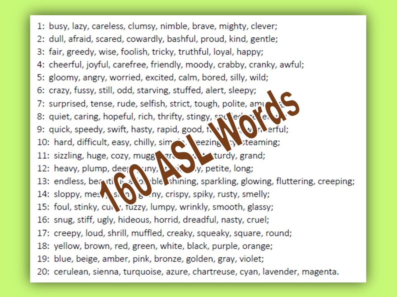 American Sign Language ADJECTIVES, Worksheets, Digital Download ...