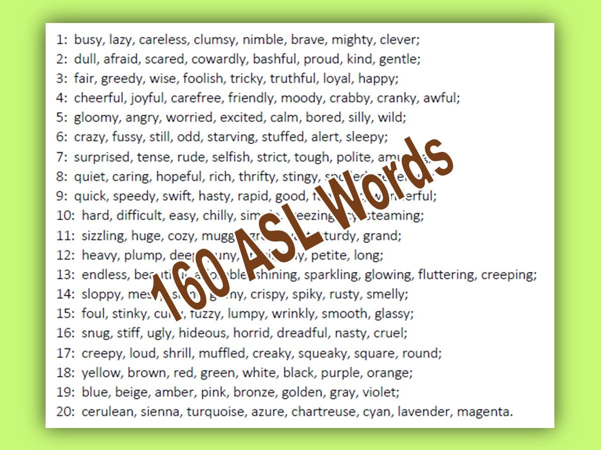 American Sign Language ADJECTIVES, Worksheets, Digital Download ...