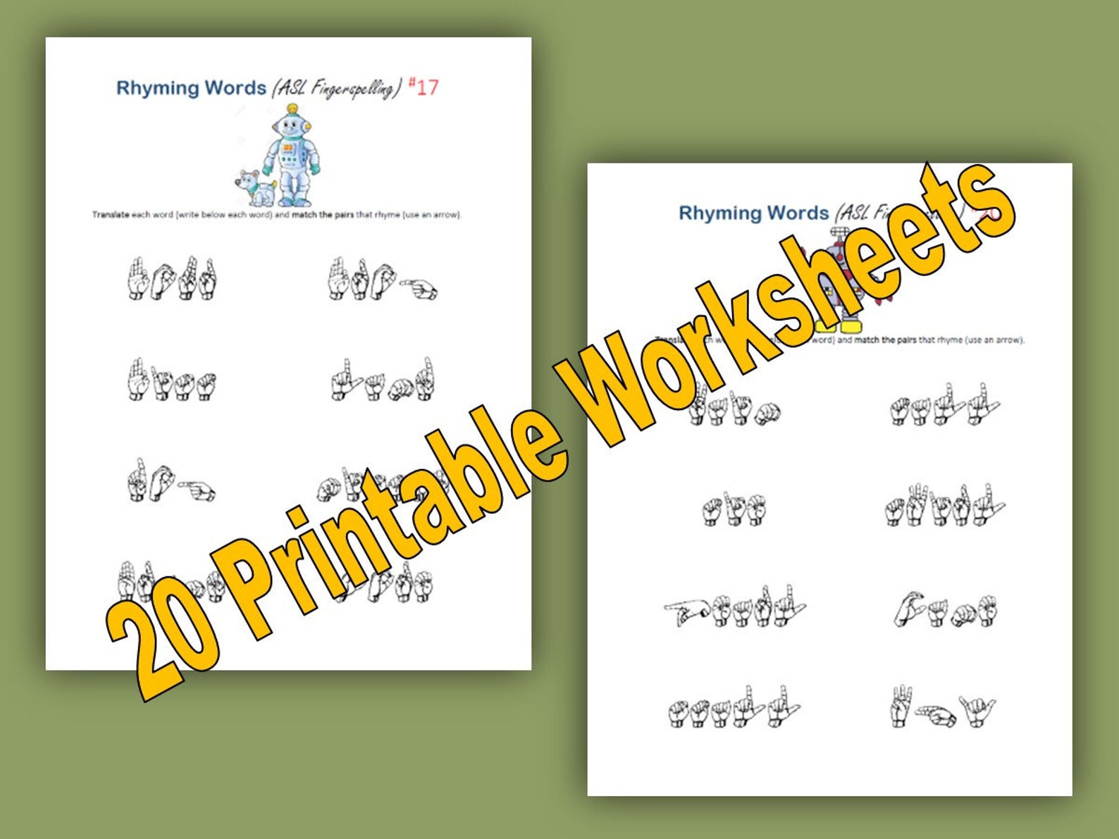 American Sign Language - Rhyming Words, Matching Game, Worksheets ...