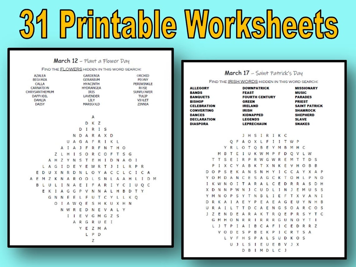 Word Searches for March, Digital Download, Back to School, After School ...