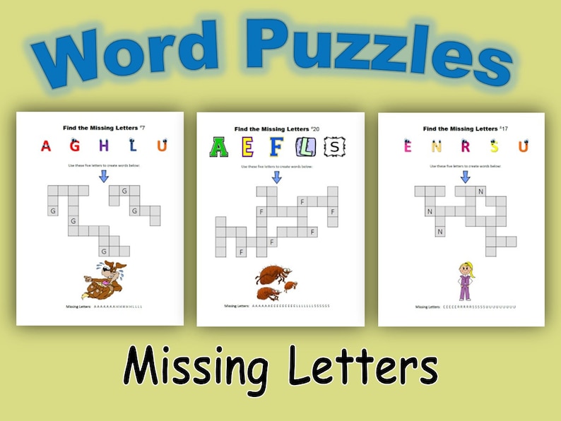 Word Puzzles - Find the Missing Letters, Instant Digital Download ...