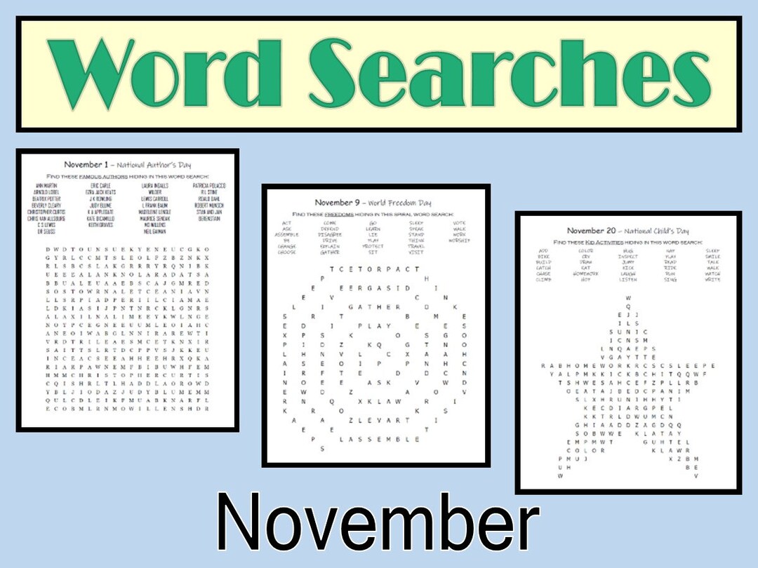 Word Searches for November, Digital Download, Back to School, After ...