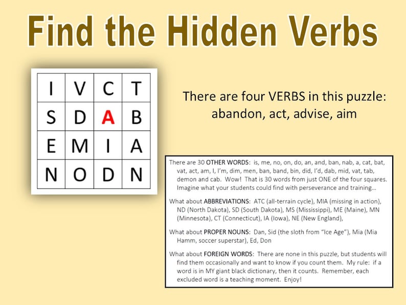 Word Puzzles - Hidden Verbs, Boggle, Word Search, Instant Digital ...
