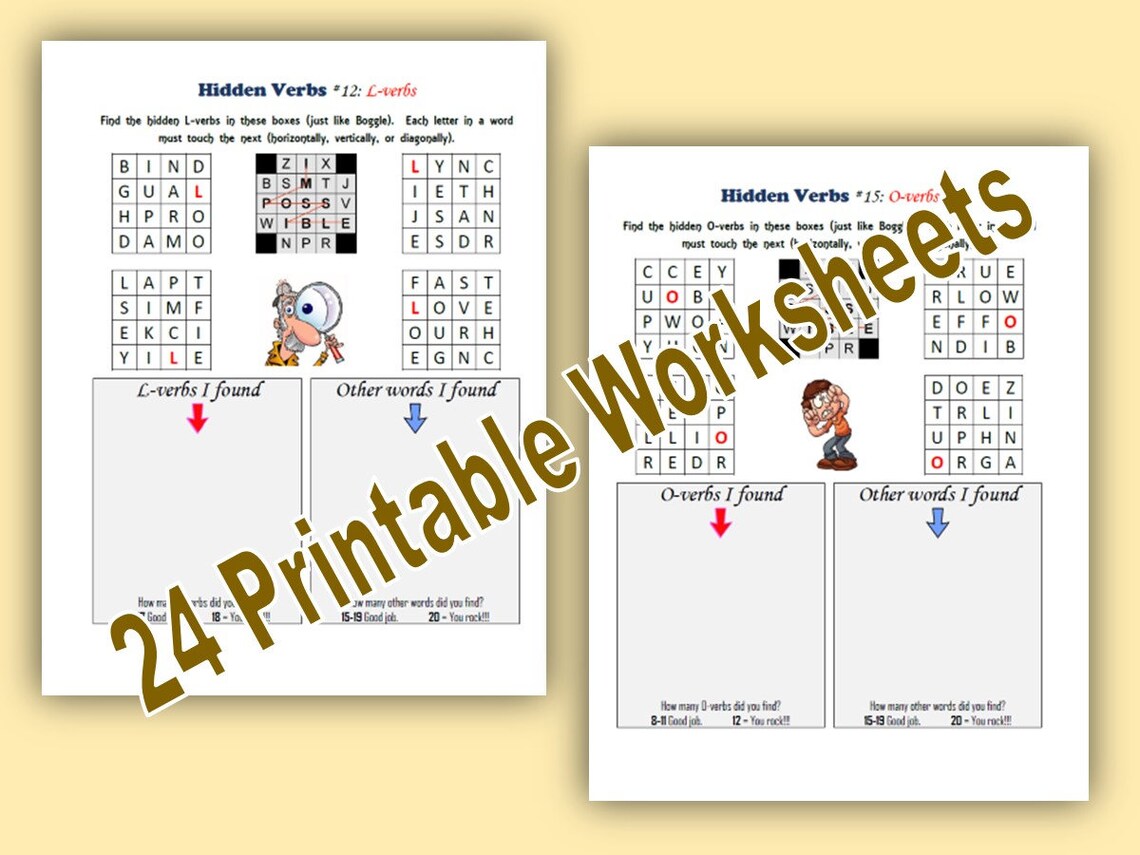 Word Puzzles - Hidden Verbs, Boggle, Word Search, Instant Digital ...