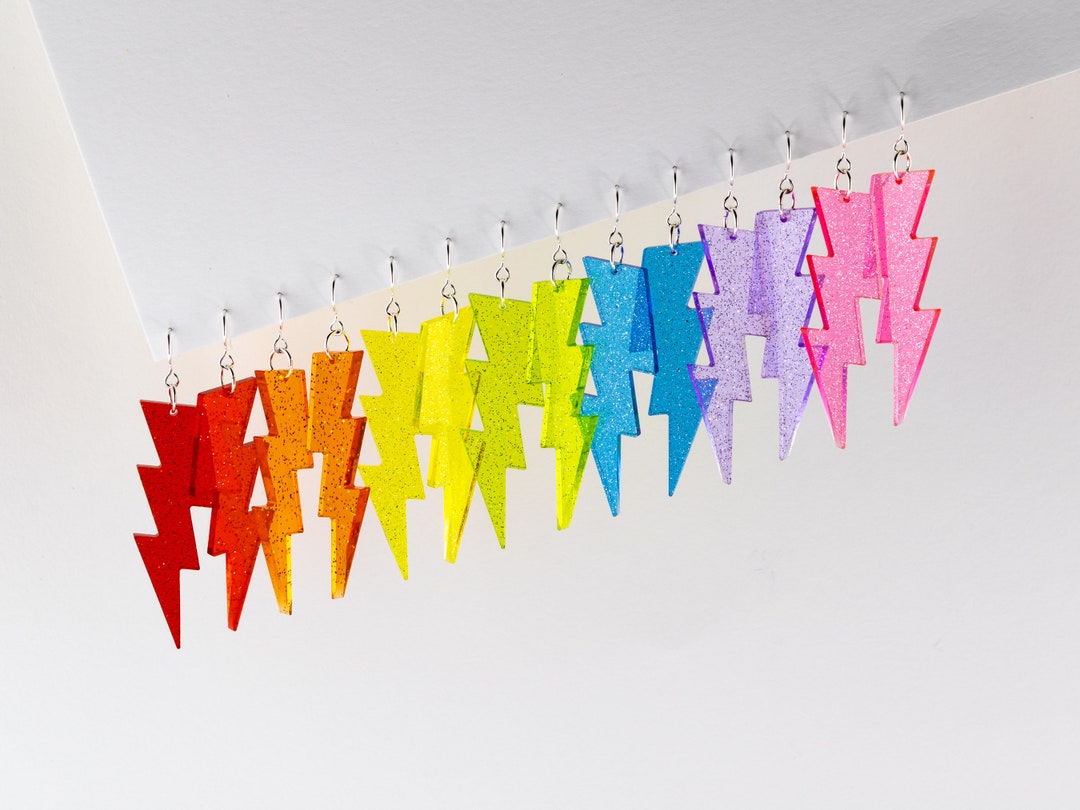 GLITTER! Acrylic Lightning Bolt Earrings, Every Color of the Rainbow ...