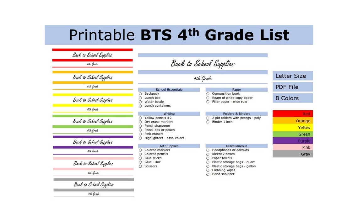 Printable Back to School Fourth Grade List | Back to School 4th Grade ...