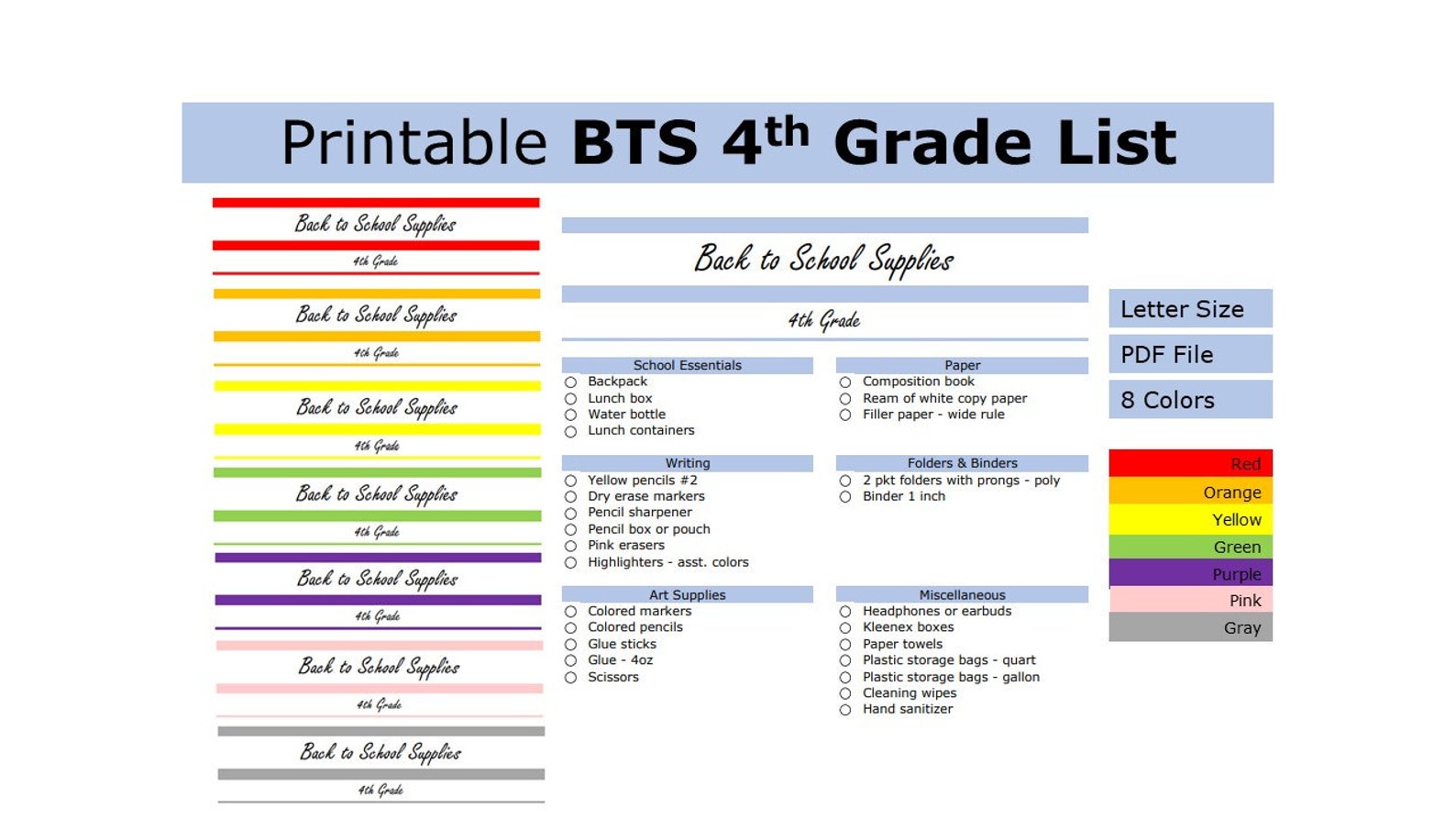 Printable Back to School Fourth Grade List | Back to School 4th Grade ...