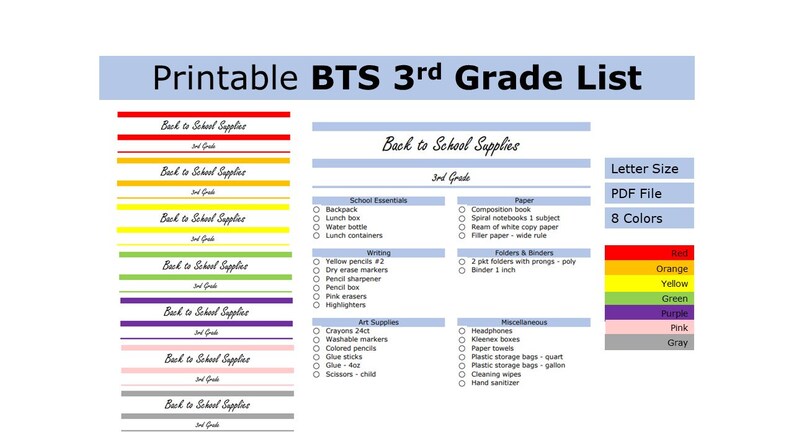 Printable Back to School Third Grade List | Back to School 3rd Grade ...