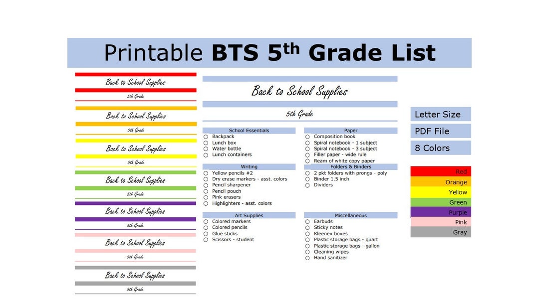 Printable Back to School Fifth Grade List | Back to School 5th Grade ...