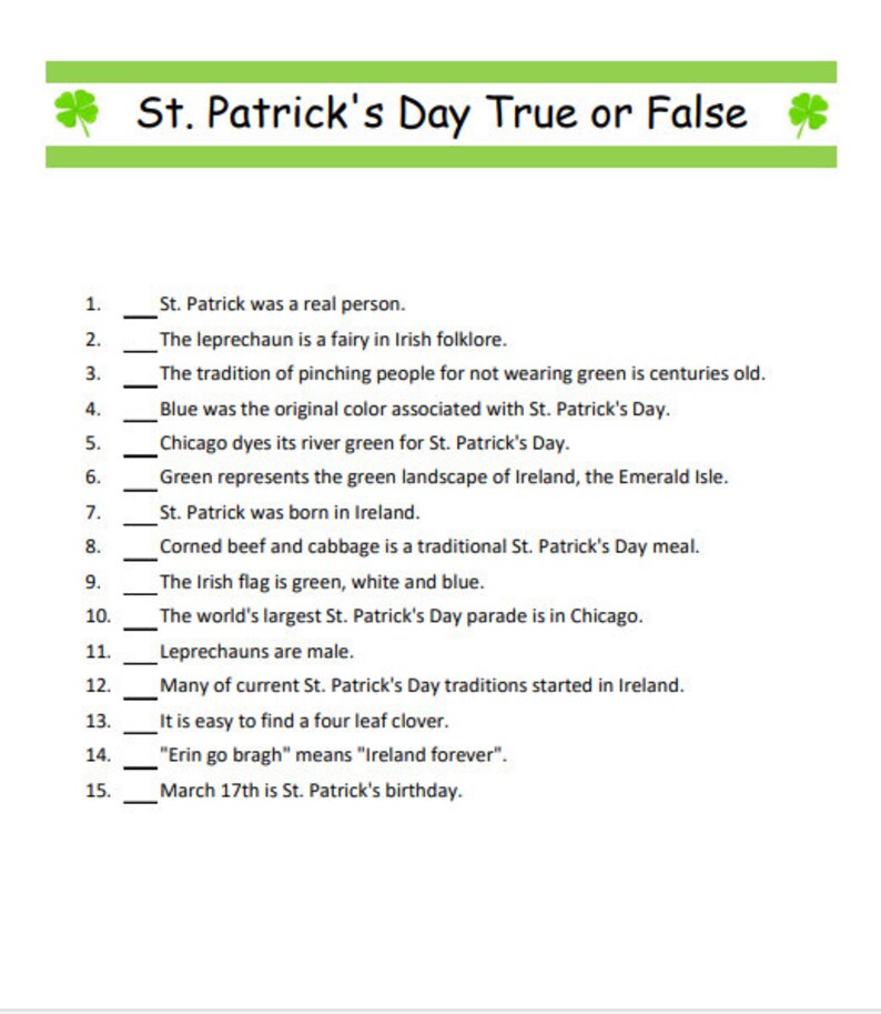 Printable St. Patrick’s Day True or False Game | Game | US Letter Size ...