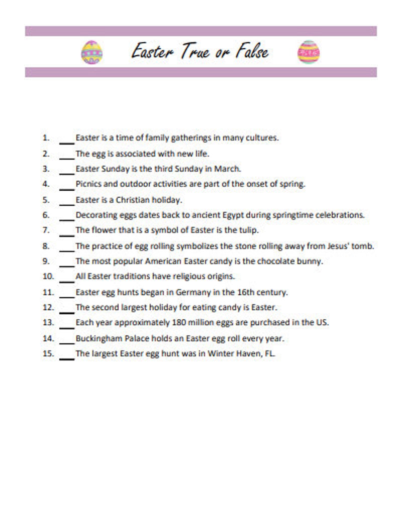 Printable Easter True or False Game| Easter Game | US Letter Size Print ...