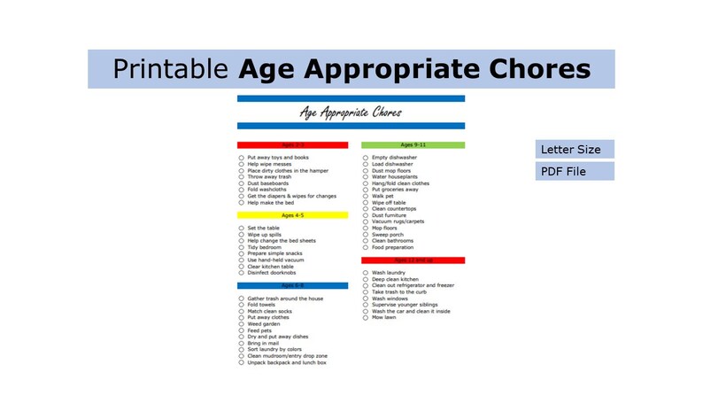 Printable Chores by Age | Age Appropriate Chores | US Letter Size Print ...