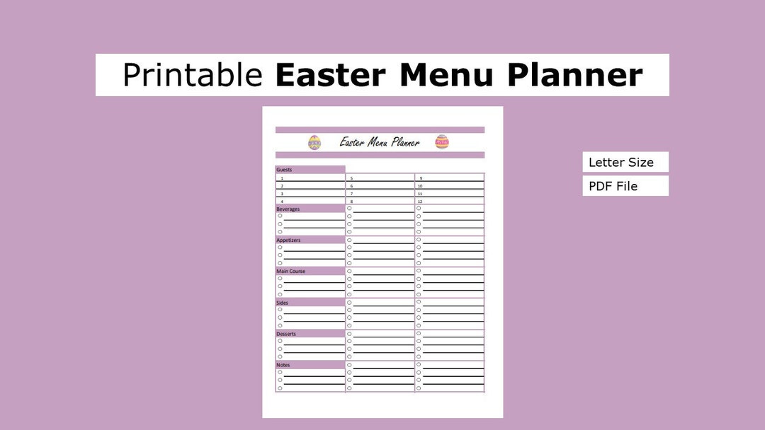 Printable Easter Menu Planner| Menu Planner | US Letter Size Print at ...