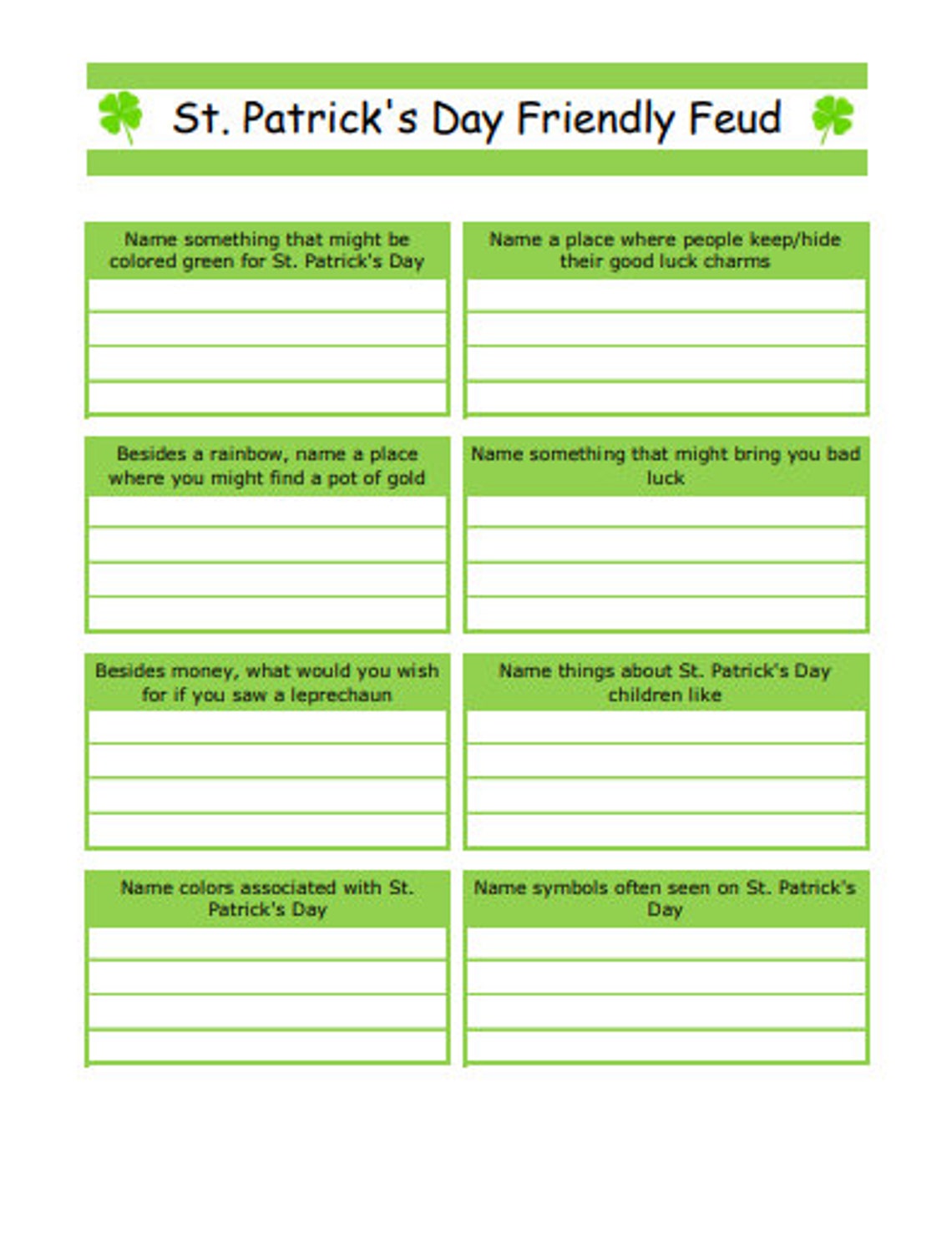 Printable St. Patrick’s Day Friendly Feud Game | Game | US Letter Size ...