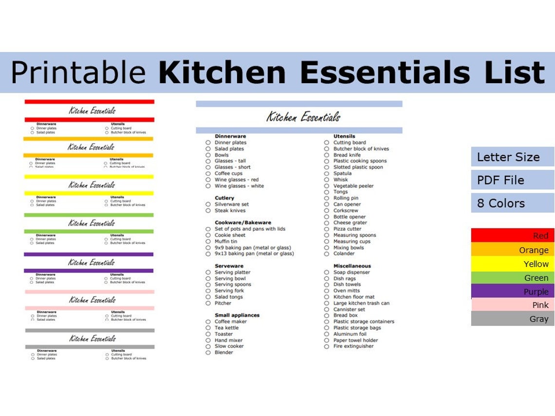 Printable Kitchen Essentials List | Kitchen Checklist | US Letter Size ...