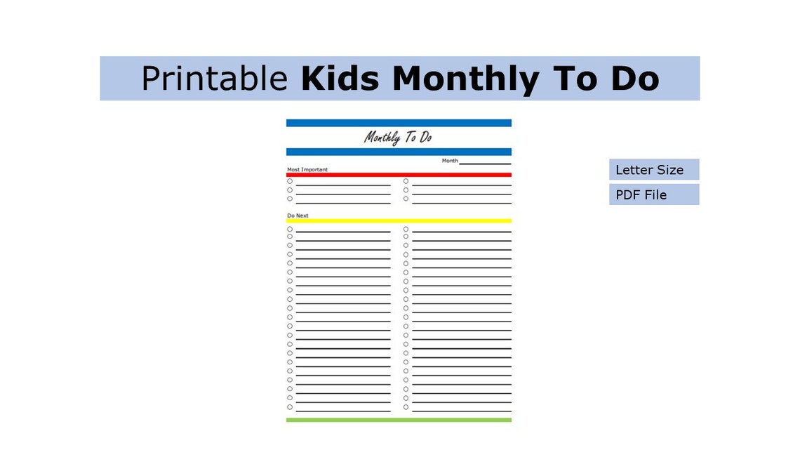 Printable Kids Monthly to Do List | Kids Monthly to Do | US Letter Size ...