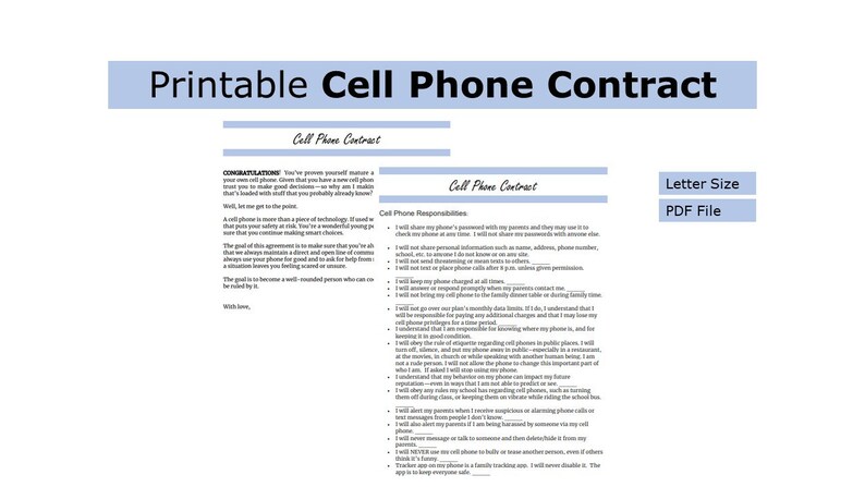 Printable Cell Phone Contract – Teen/parent| Cell Phone Contract – Teen ...