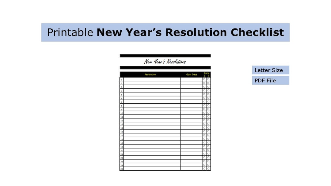 Printable New Year’s Resolution Checklist | New Year’s Resolution Checklist | US Letter Size ...