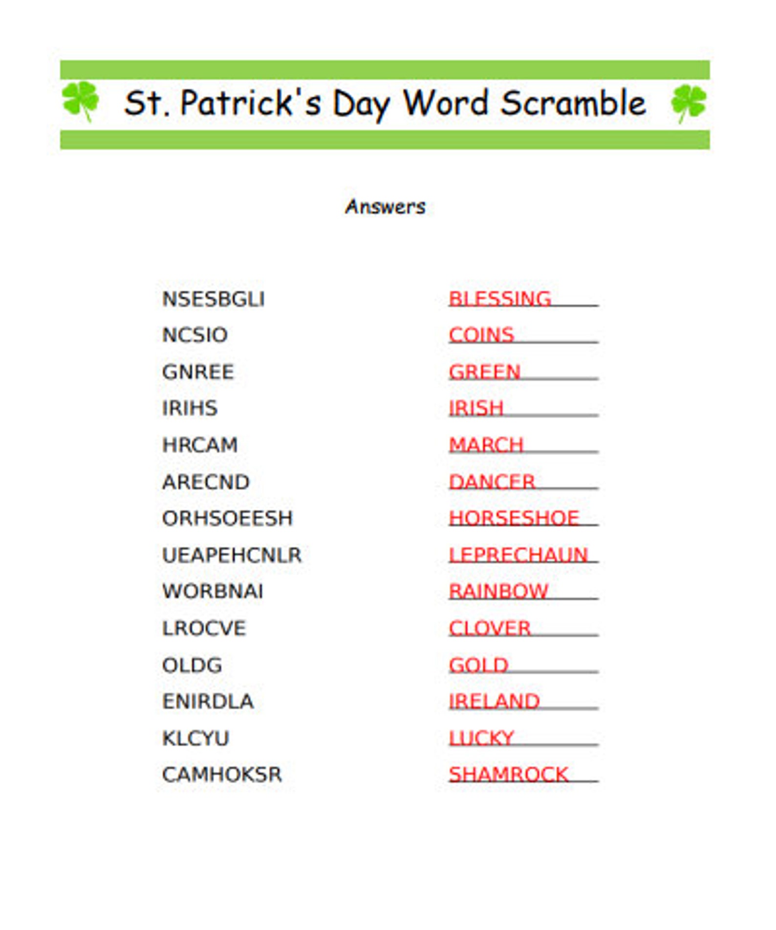 Printable St. Patrick’s Day Word Scramble | Word Game | US Letter Size ...