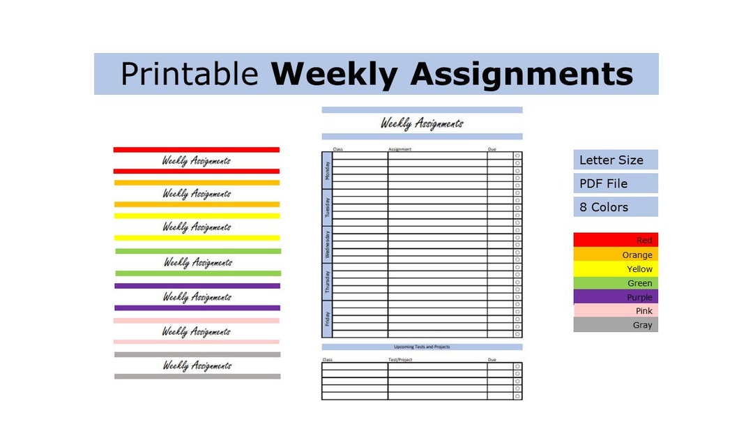 Printable Weekly Assignments | Weekly Assignments | US Letter Size ...