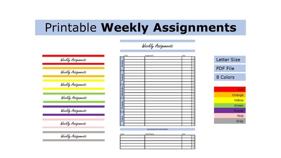 Printable Weekly Assignments Weekly Assignments US Letter - Etsy
