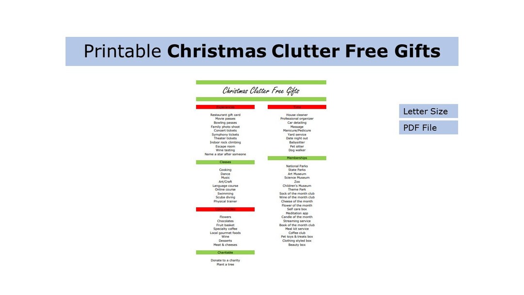 Printable Christmas Clutter Free Gift Ideas | Christmas Clutter Free ...