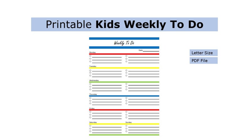 Printable Kids Weekly to Do List | Kids Weekly to Do | US Letter Size ...