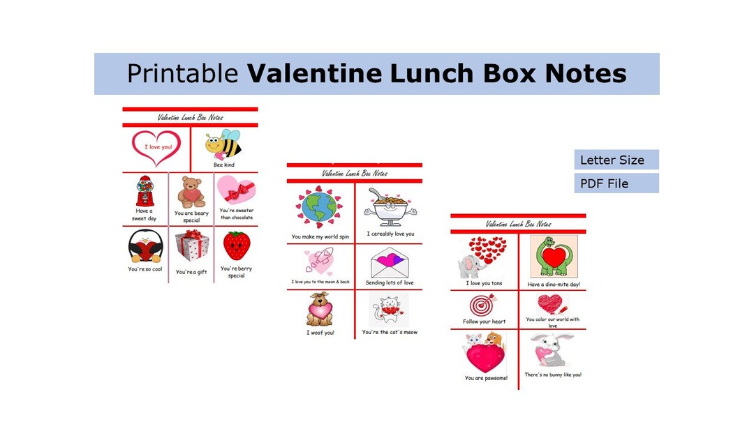 Printable Valentine Lunch Box Notes | Lunch Box Notes | US Letter Size ...