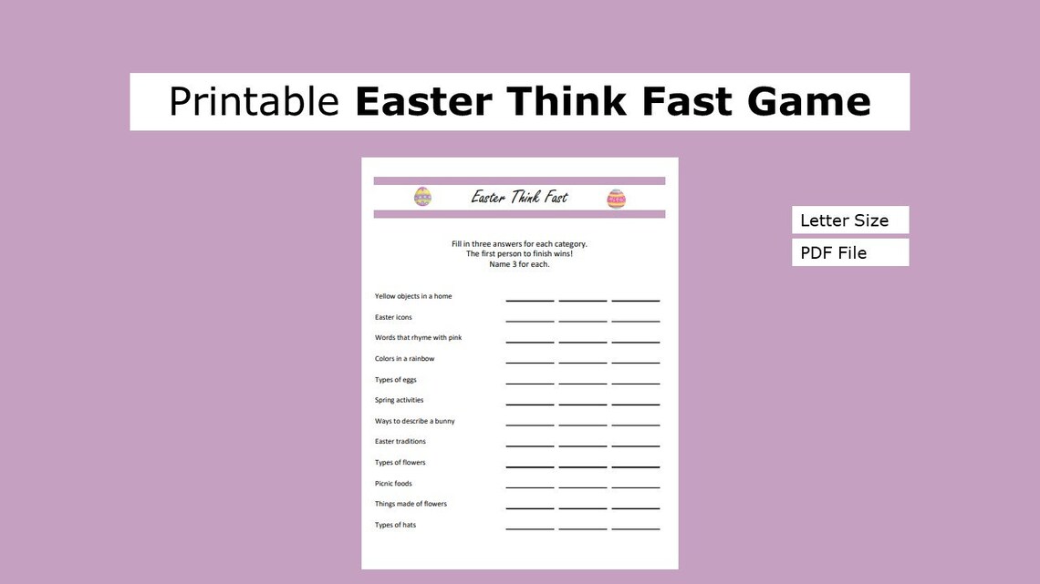 Printable Easter Think Fast Game| Easter Game | US Letter Size Print at ...