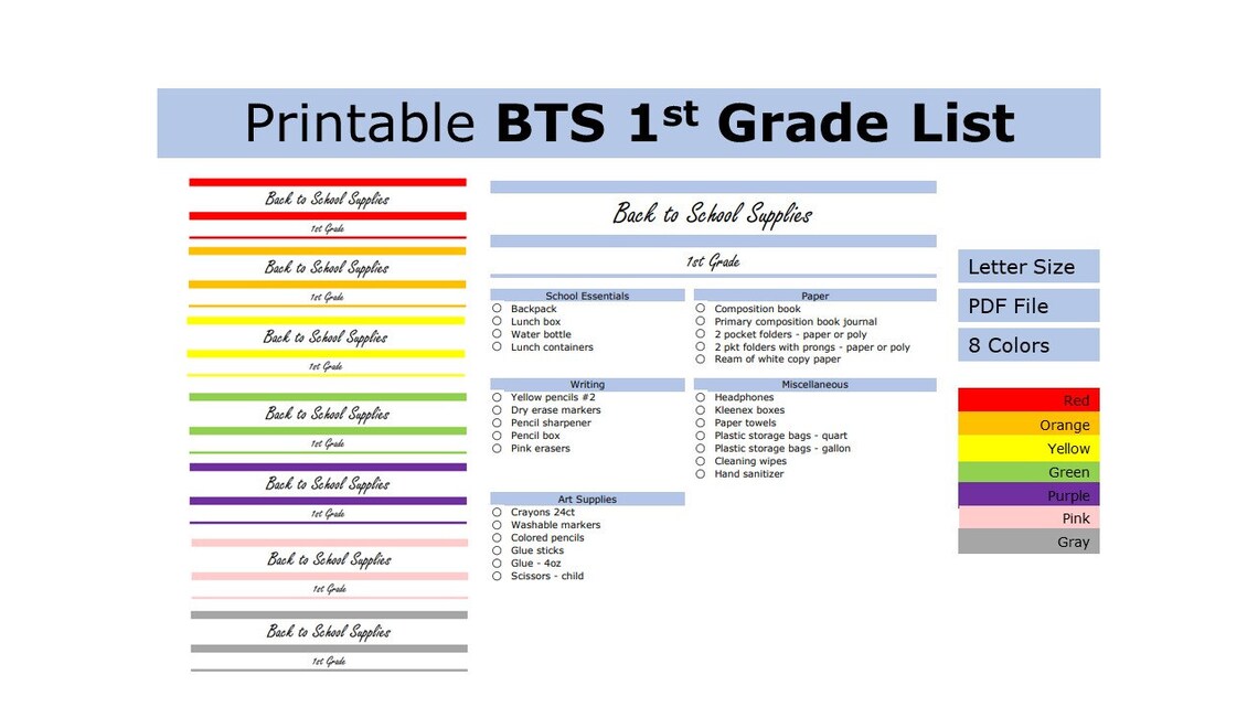 Printable Back to School First Grade List | Back to School 1st Grade ...