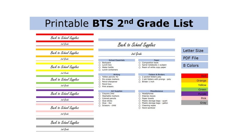 Printable Back to School Second Grade List | Back to School 2nd Grade ...