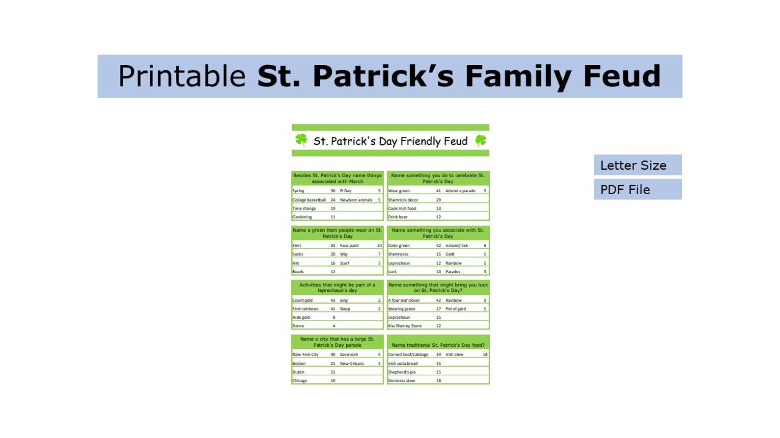 Printable St. Patrick’s Day Friendly Feud Game | Game | US Letter Size ...