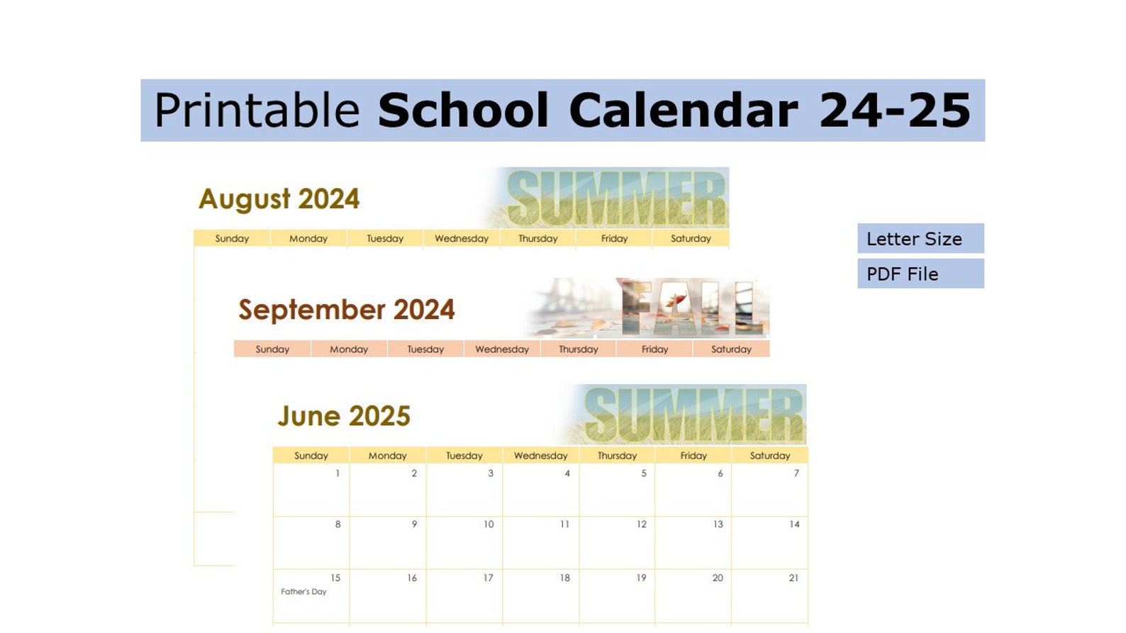 Printable School Calendar 2024-2025 | School Calendar | US Letter Size ...