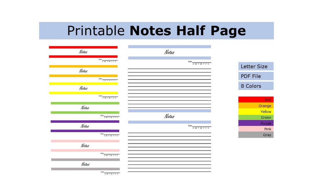 Printable Notes Half Page | Notes Half Page | US Letter Size Print at ...