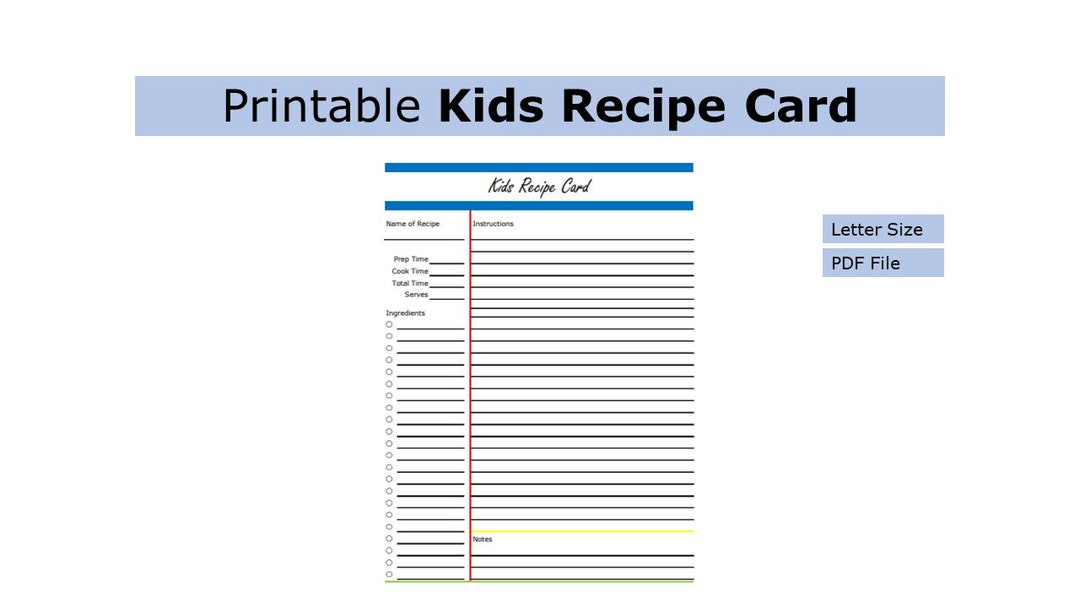 Printable Kids Recipe Card | Kids Recipe Card | US Letter Size Print at ...