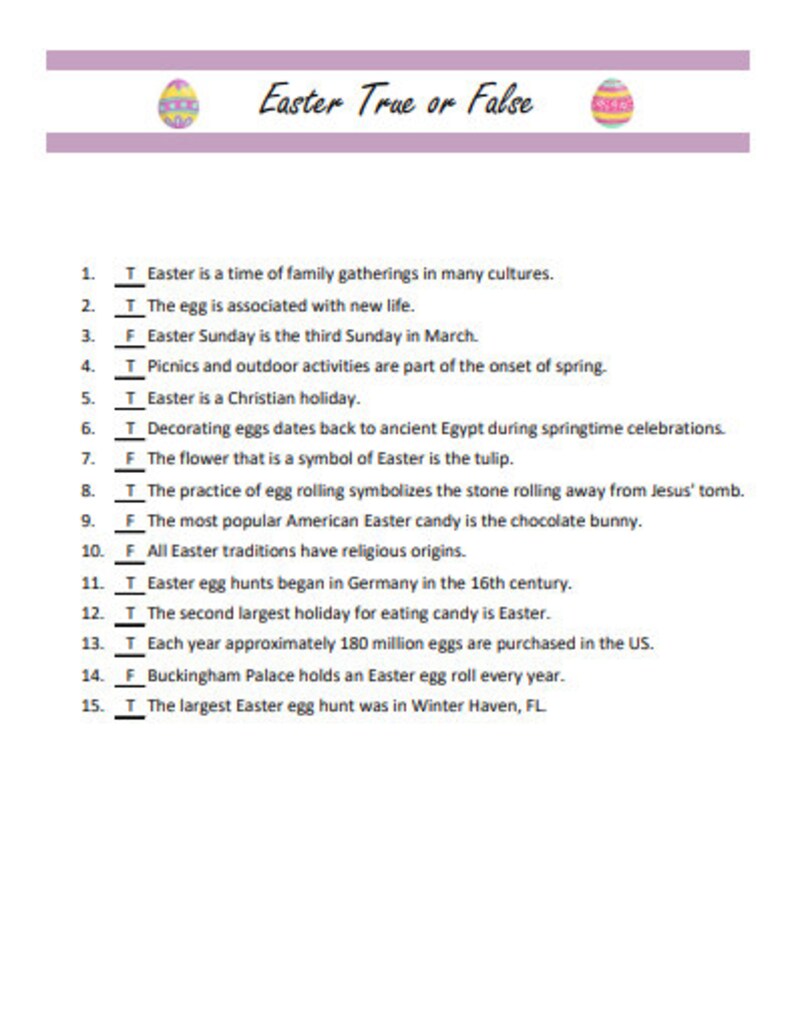Printable Easter True or False Game| Easter Game | US Letter Size Print ...