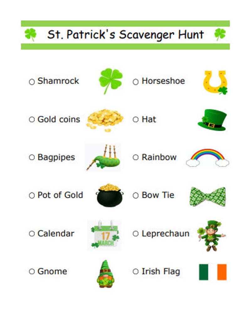 Printable St. Patrick’s Day Scavenger Hunt | Scavenger Hunt | US Letter ...