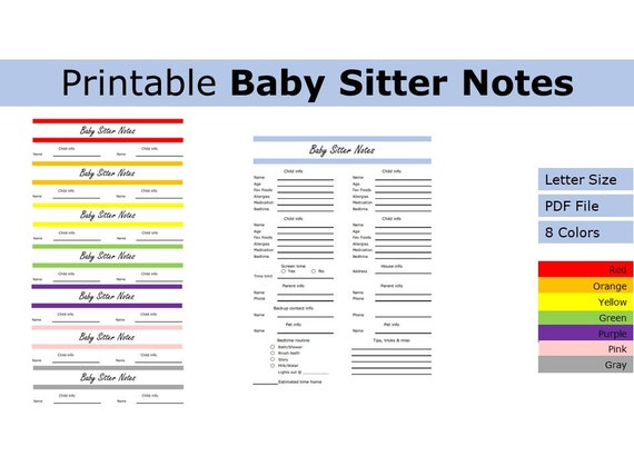 Printable Baby Sitter Notes Log Baby Sitter Notes Log US - Etsy