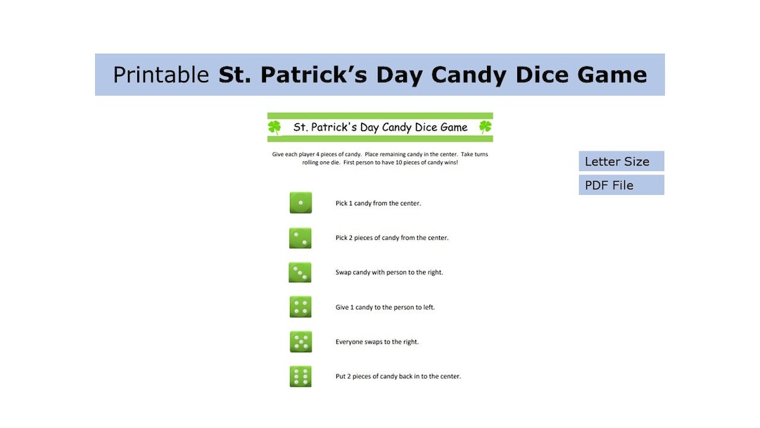 Printable St. Patrick’s Day Candy Dice Game | Dice Game | US Letter ...