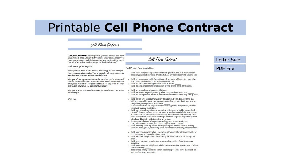 Printable Cell Phone Contract – Teen/guardian| Cell Phone Contract | US ...