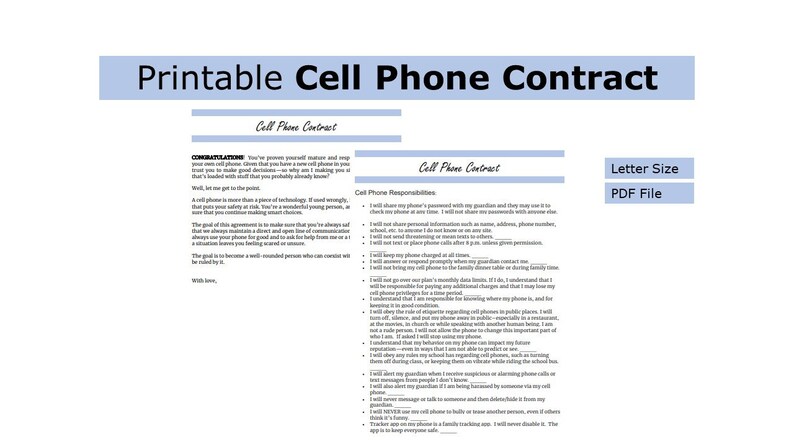Printable Cell Phone Contract – Teen/guardian| Cell Phone Contract | US ...