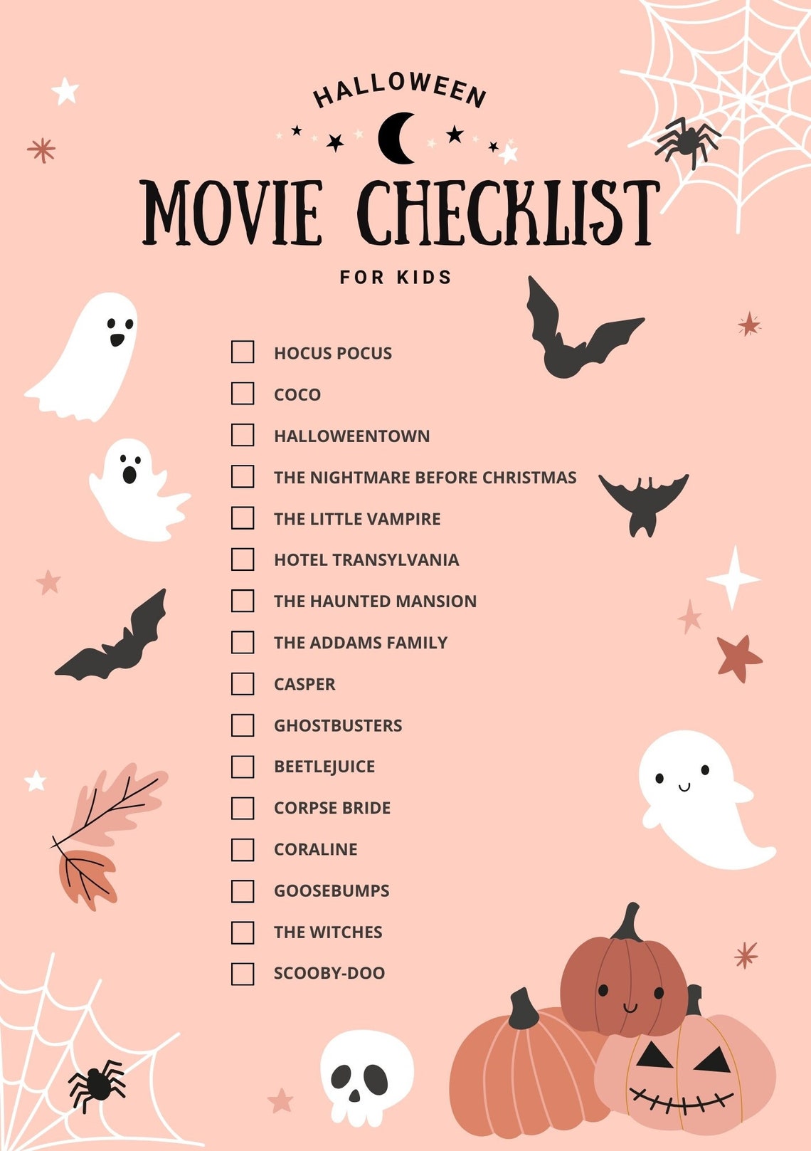 Printable Halloween Movie Checklist for Kids A5 Digital Download Family ...