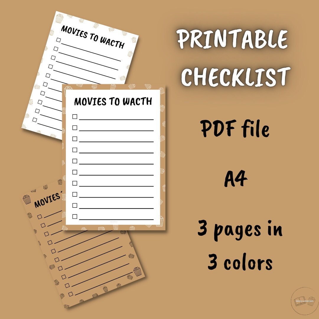 Checklist, Movies to Watch, PDF, Instant Download, Digital Download, A4 ...