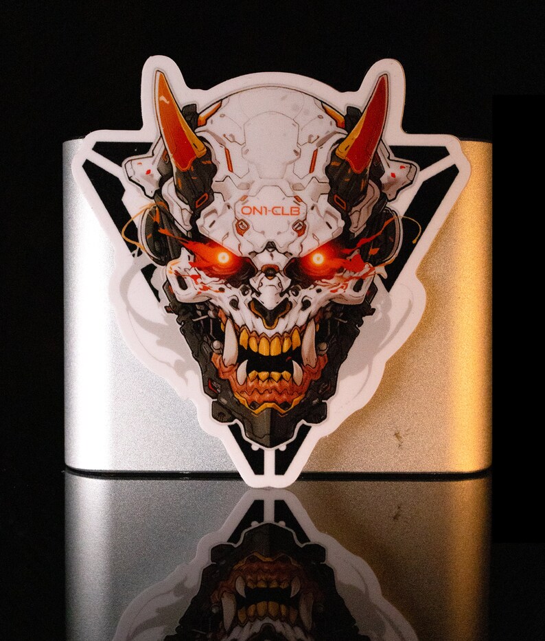 Cyber-white Oni Mask Vinyl Sticker Gloss - Etsy