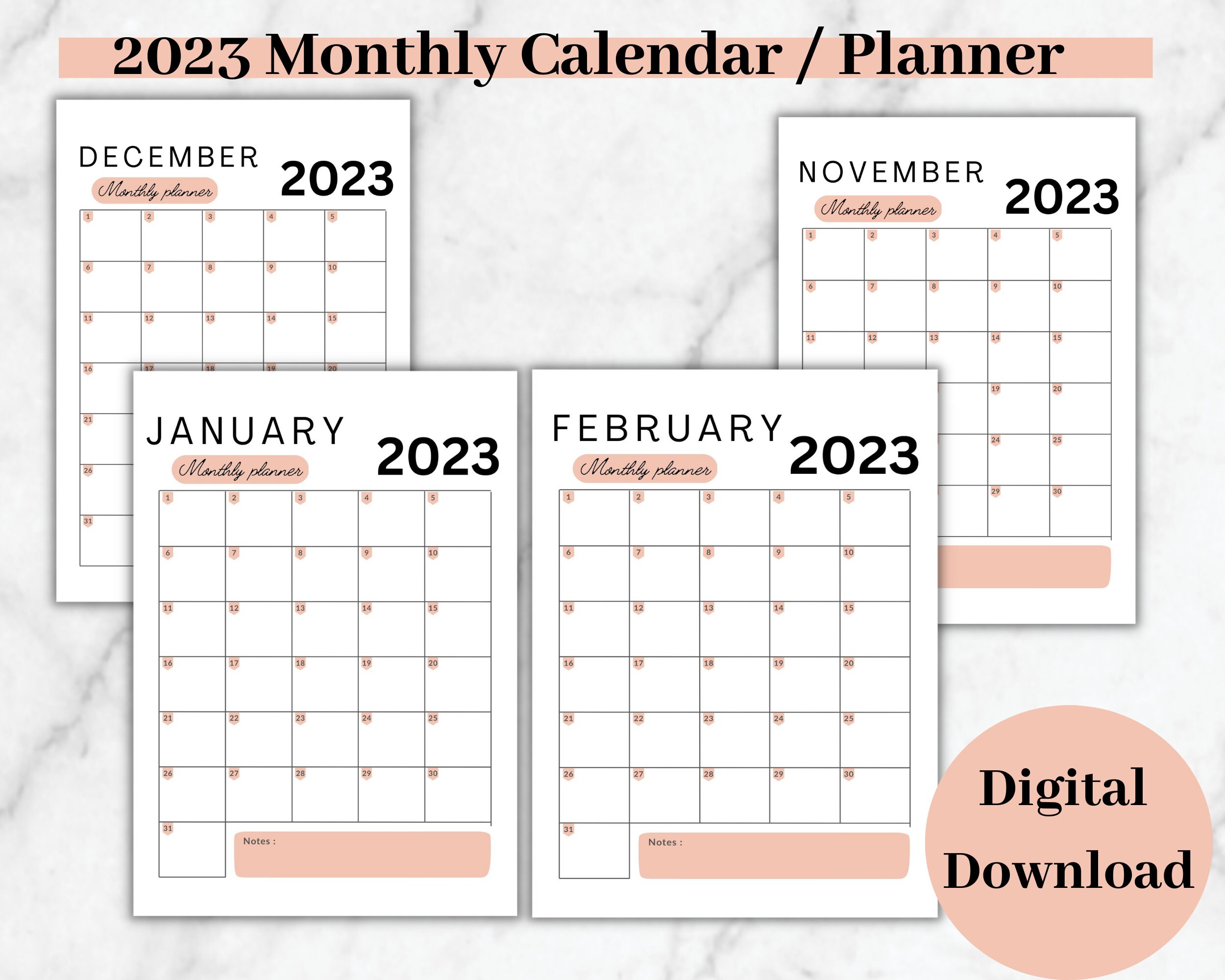 2023 Calendar Printable, Minimalist Monthly Calendar 2023,2023 Calendar ...