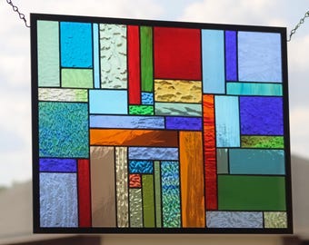 9 X 9 70's VIBE COLOR Palette Stained Glass Window Panel in Amber and ...