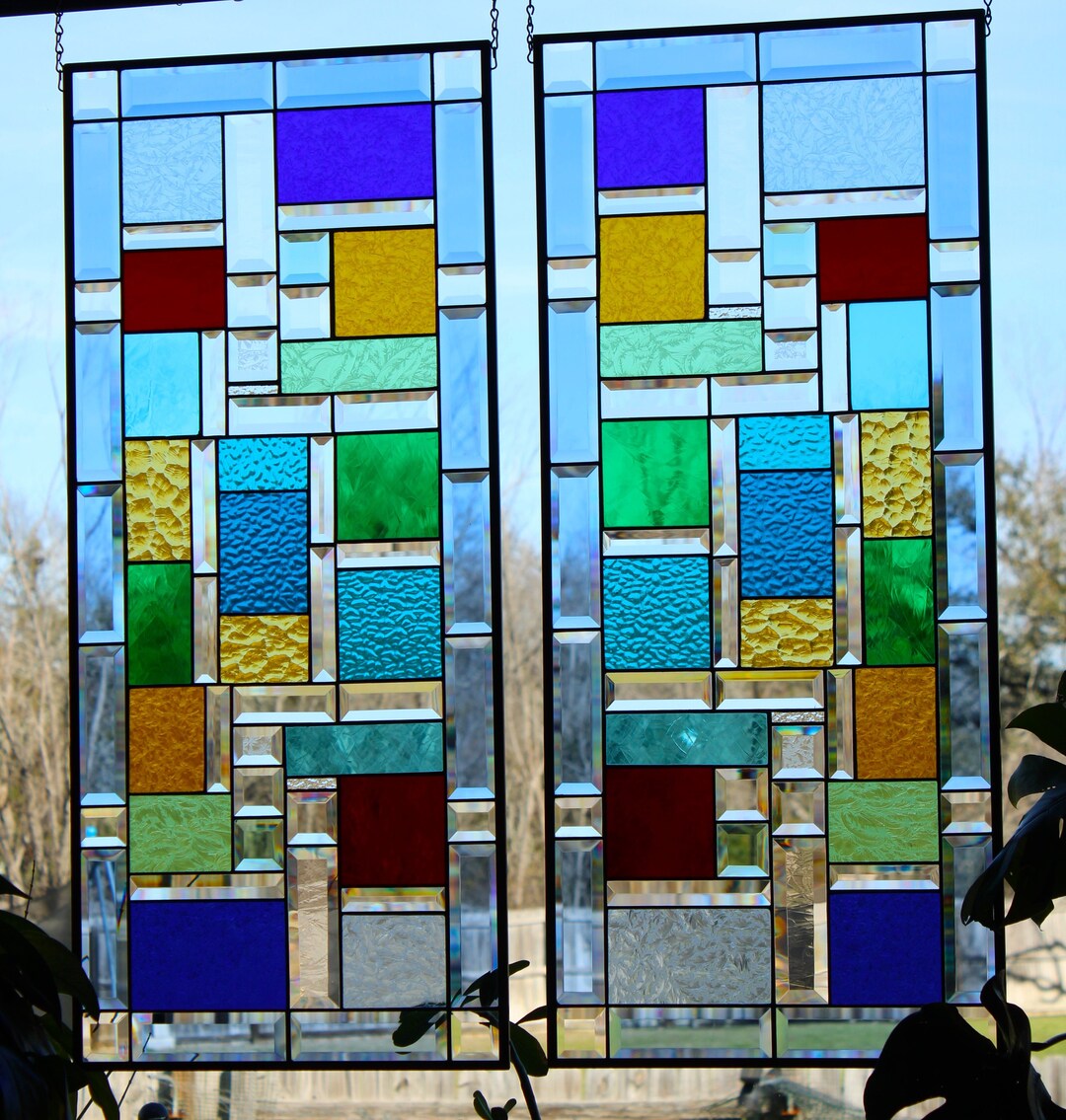 Stained Glass Colorful Window Panels: Pair Blue Beveles Border, - Etsy
